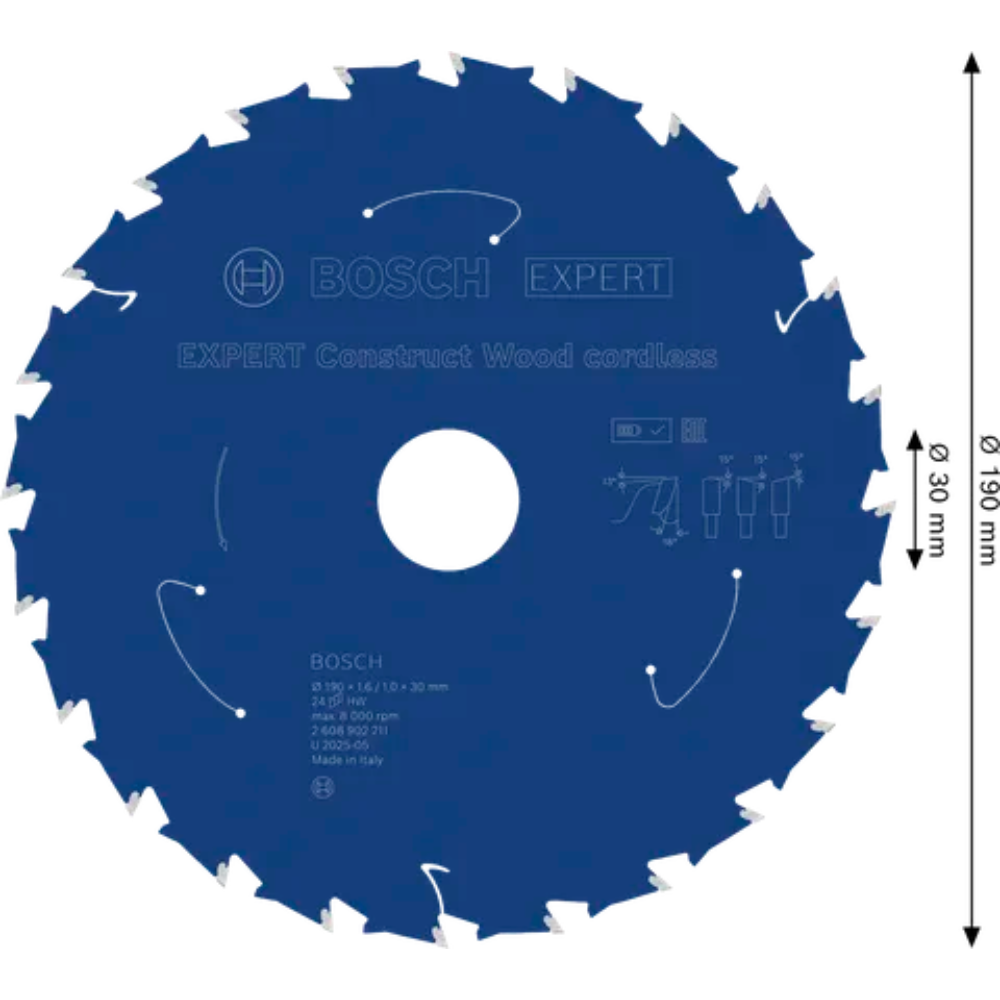 Bosch – EXPERT List kružne testere za konstruktivno drvo za akumulatorske alate 190x30x1.6/1x24T – 2608902211