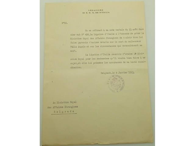 Poslanstvo Italije u SHS-Verbalna nota,smrt P.A.-1923.