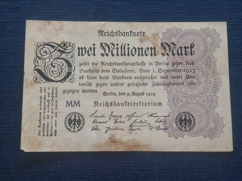Nemački Rajh 2 Miliona Maraka 1923 nez Serijskog Broja