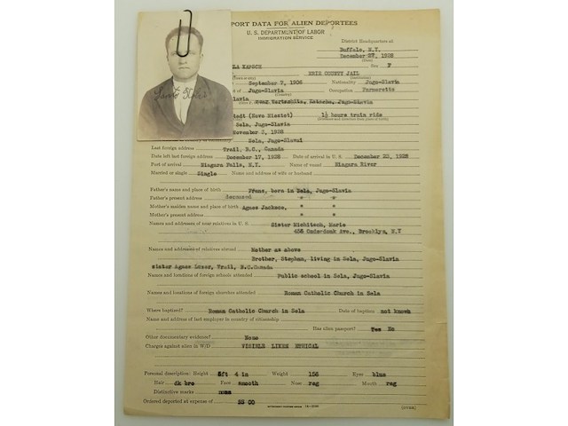 U.S.Ministarstvo-Podaci o pasošu za deportirane-1928.