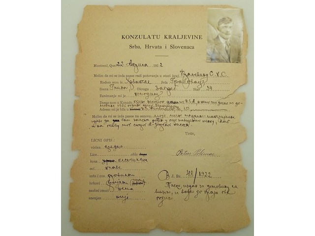 Konzulatu Kraljevine SHS u Kanadi-molba za pasoš-1922.