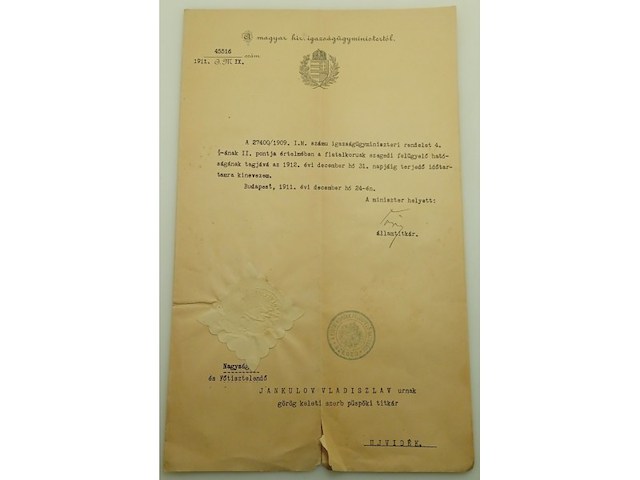 Ugarska uredba Kralj.Ministra Pravde-Budimpešta 1911.