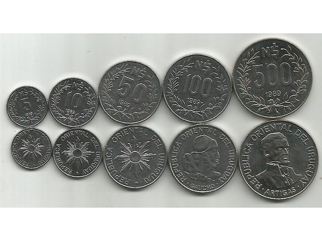 Uruguay 5,10,50,100 and 500 nuevos pesos 1989. UNC set