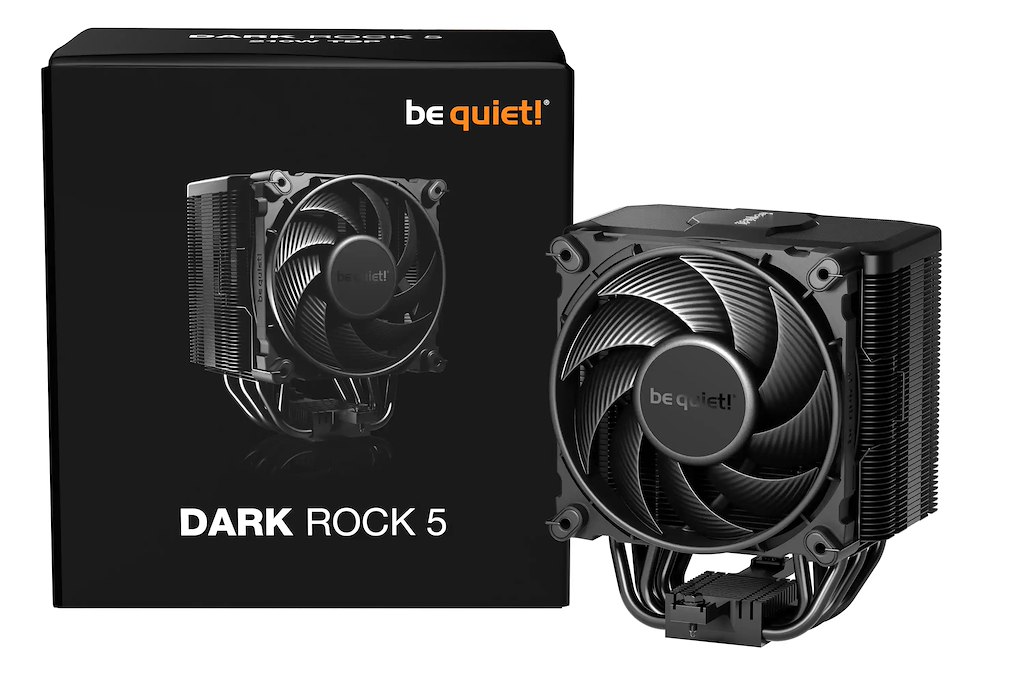 be quiet! Dark Rock 5 [LGA-1851 Default ILM and RL-ILM support], Virtually inaudible Silent Wings 4 120mm PWM fan 29.8dB(A), Six high-performance copper heat pipes