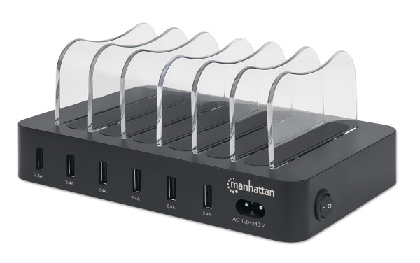 Manhattan USB punjač 6-port Manhattan 102254 5V/2.4V/50W/držač za telefon Crni