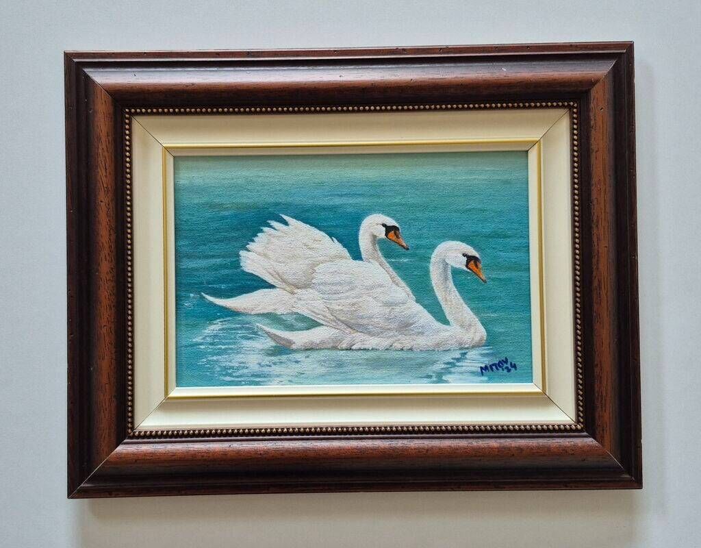 Ulje na platnu Dva bela labuda, prelepo umetnicko delo. Slika je