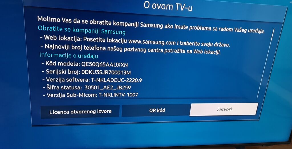 Samsung QLED TV – model QE50Q65AAUXXN Ključne informacije sa ekrana