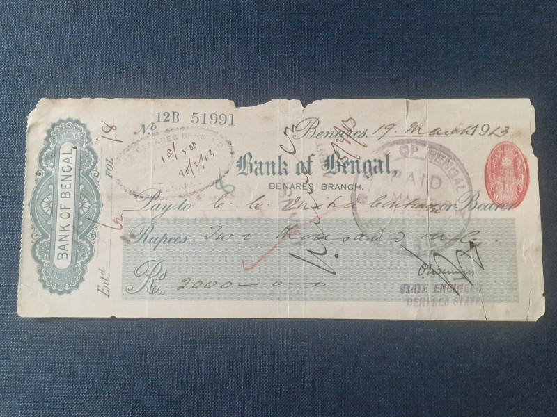 Indija Bengal Bank 1913 Ček RR