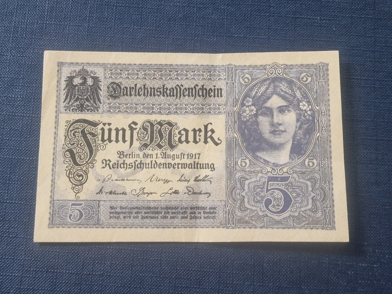 Nemački Rajh 5 Maraka 1917 Prvi Rat Lepa
