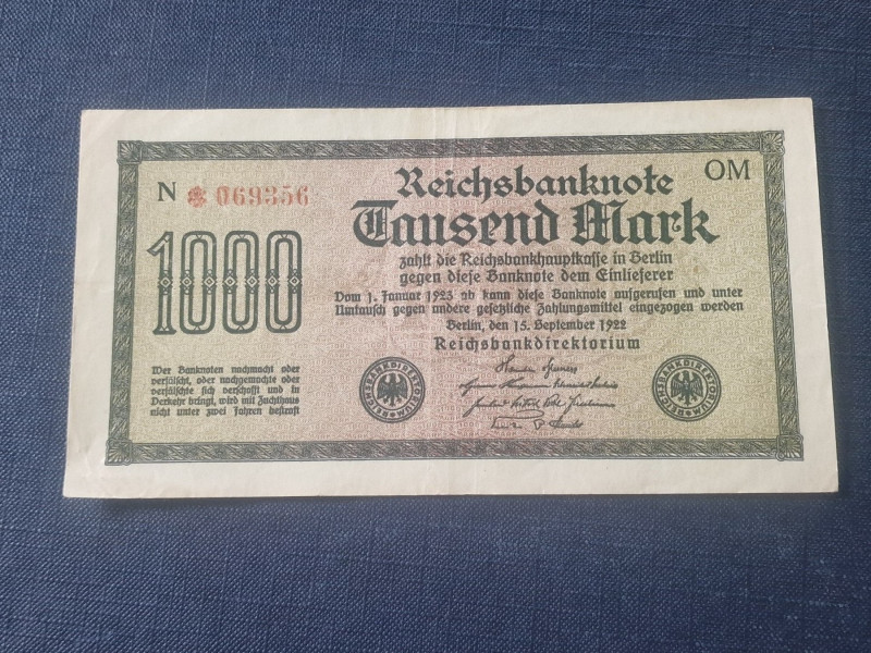 Nemački Rajh 1000 Maraka 1922 Crveni Brojevi Serije
