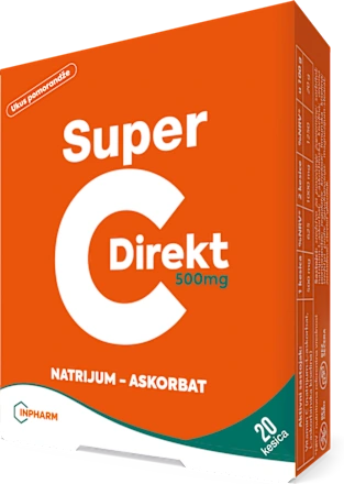 INPHARMSuper C Direkt 500mg NATRIJUM-ASKORBAT kesice; dodatak ishrani bez šećera sa zaslađivačem, 20 komDodatak ishrani