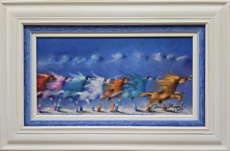 Trka I, Janoš Mesaroš, kombinovana tehnika lak pastel, luksuzno uramljen, sa 37×57 cm, bez 20×40 cm, sertifikat, 37000 dinara