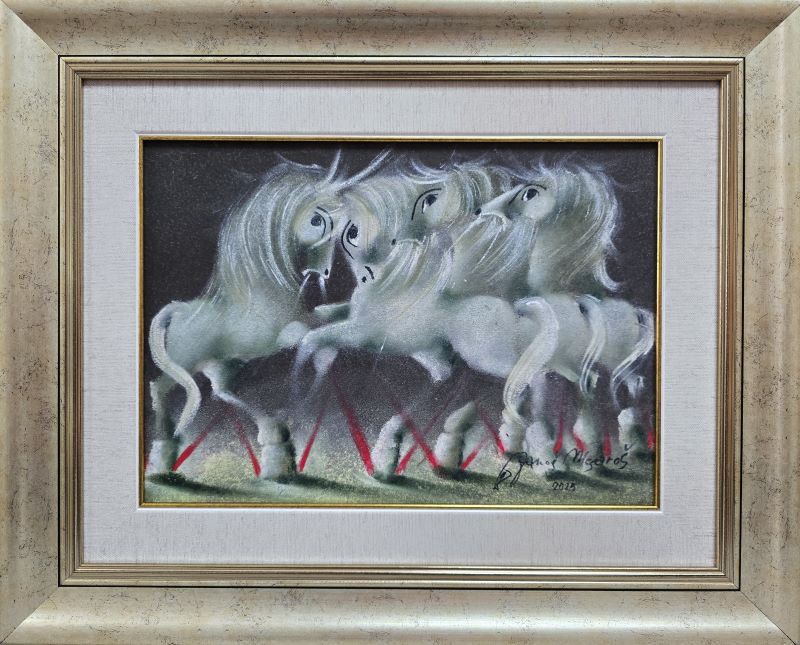 Vesela družina I, Janoš Mesaroš, kombinovana tehnika lak pastel, luksuzno uramljen, sa 42×52 cm, bez 25×35 cm, sertifikat, 35400 dinara