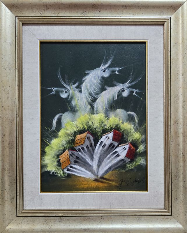 Pijane kuće I, Janoš Mesaroš, kombinovana tehnika lak pastel, luksuzno uramljen, sa 52×42 cm, bez 35×25 cm, sertifikat, 35400 dinara