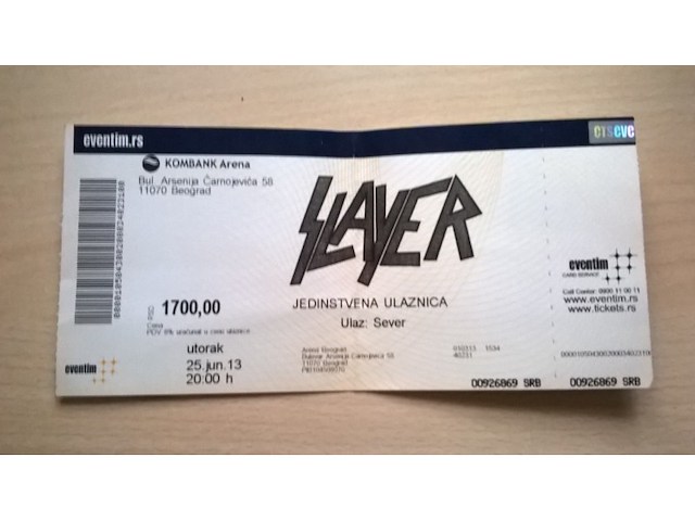 Ulaznica SLAYER 25.06.2013.