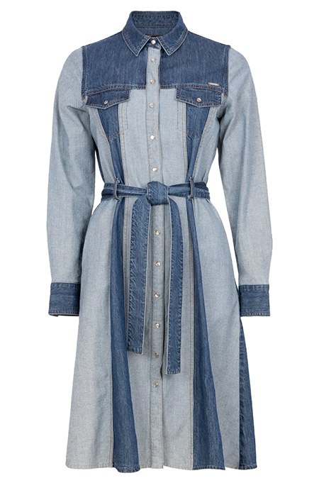 Denim haljina u dve nijanse sa dugim rukavima
