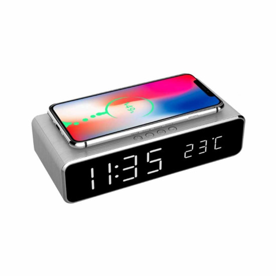 Gembird DAC-WPC-01-S digitalni sat + alarm sa bežičnim punjenjem telefona, Silver