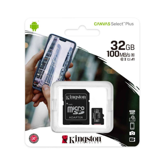 Kingston SDCS2/32GB MicroSD 32GB, Canvas Select Plus, Class 10 UHS-I U1 V10 A1, Read up to 100MB/s, w/SD adapter