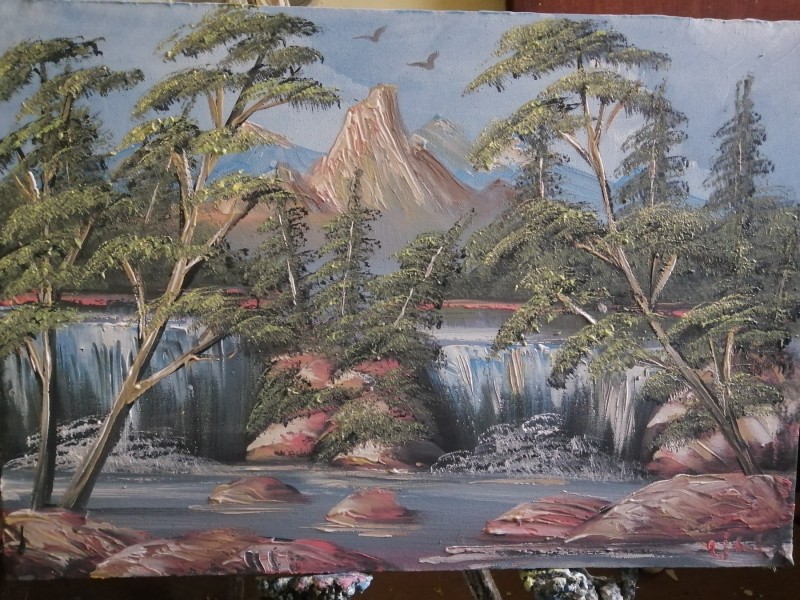 Vodopad na reci 70x50cm ulje na platnu
