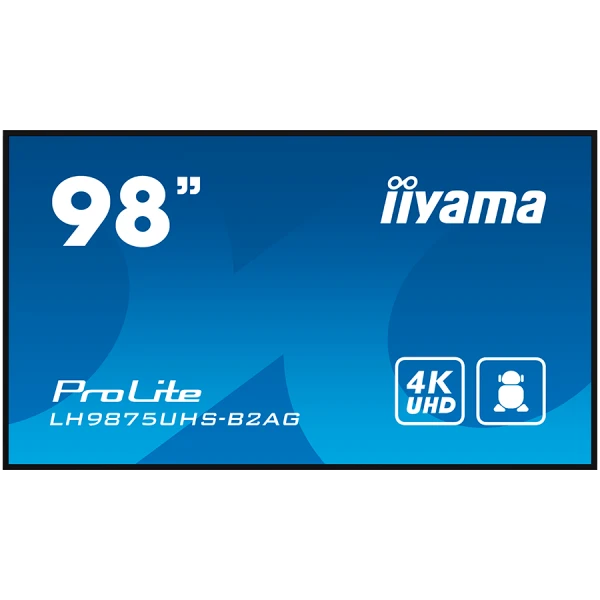 IIYAMA LFD LH9875UHS-B2AG 98 4K UHD Professional Digital Signage display featuring Android OS, iiSignage˛ and OPS PC slot landscape, port