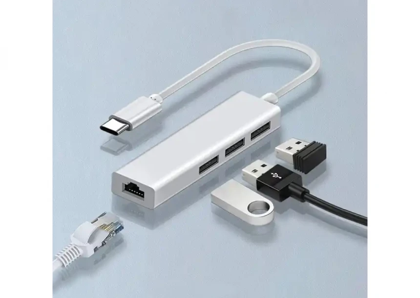 Adapter konverter Tip C -RJ45 100mb/2xUSB 2.0/1xUSB 3.0 Kettz