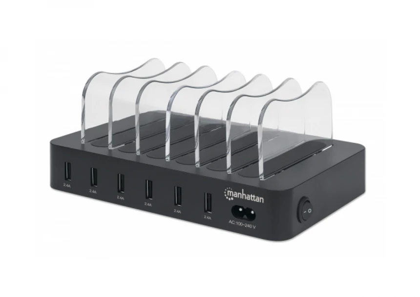 USB punjač 6-port Manhattan 102254 5V/2.4V/50W/držač za telefon Crni