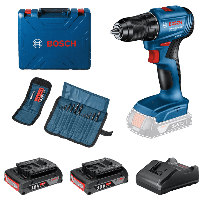 Bosch GSR 185-LI + 2 x 2,0 Ah akumulator + 23-delni set dodatnog pribora u koferu