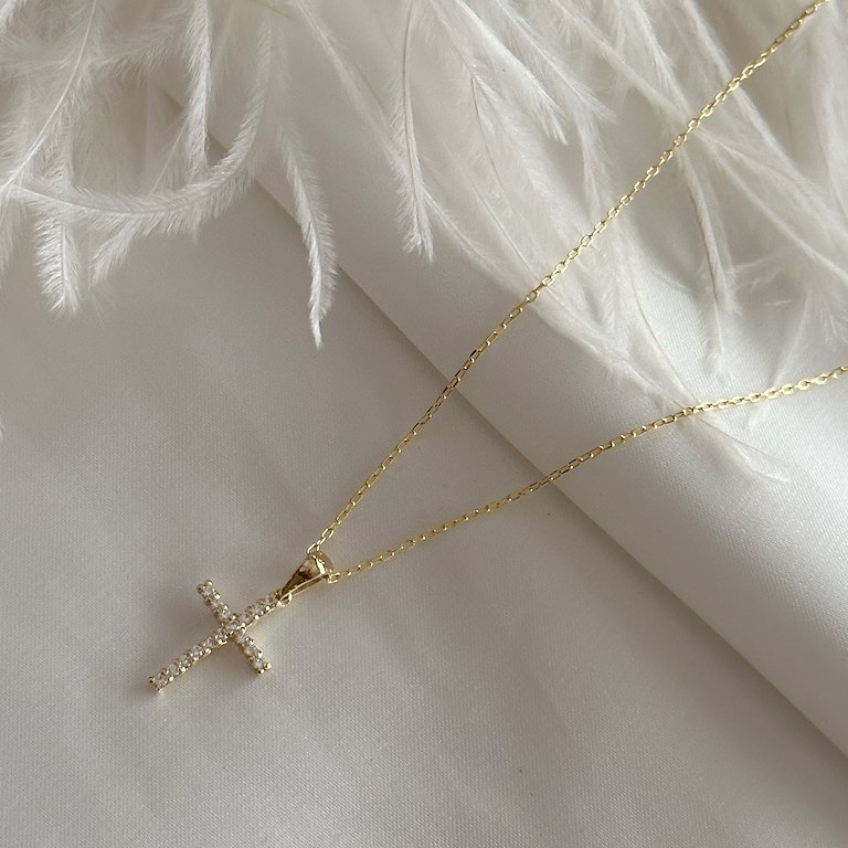 Ogrlica od žutog zlata - krstić sa cirkonima