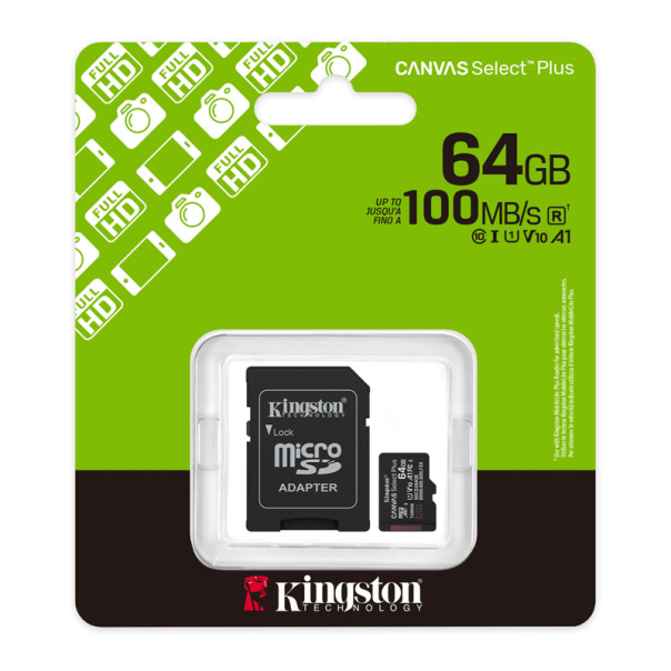 Micro SD Kingston 64GB Canvas Select Plus Class 10 UHS-I U1 V10 A1 Read up 100MB/s w/SD adapter