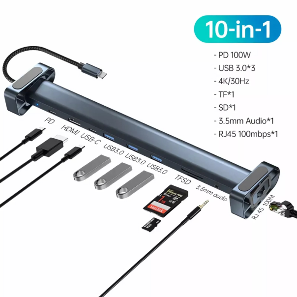 Adapter Type C JWD-TC45 na LAN, PD, HDMI, Type C, 3x USB 3.0, SD, TF, 3.5mm 10 u 1 sivi