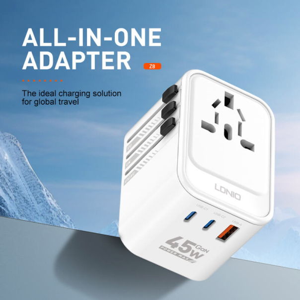 Adapter strujni travel LDNIO Z8 UK/EU/US/AU 1xUSB + 2xUSB-C 45W beli