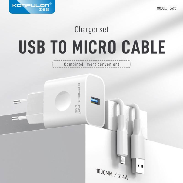 Kućni punjač KONFULON C69C+DL47 QC 18W, sa micro USB kablom beli 1m