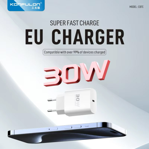 Kućni punjač KONFULON Joko C87C 30W sa kablom Type-C na Type-C beli 1m