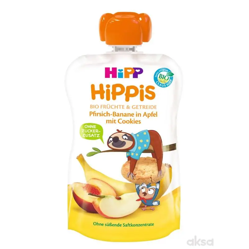HIPP Hippis Voćni pire za decu Jabuka, banana i breskva sa keksom 12M+, 100g