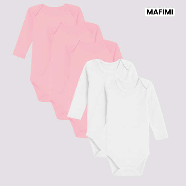 Mafimi Pamučni Bodići Dugi rukav set od 5 - 3 puder, 2 bela