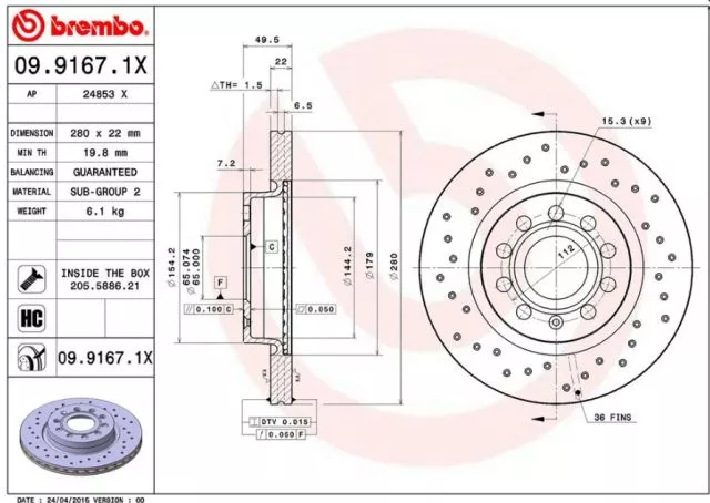 PREDNJI VENTILIRAJUĆI DISK AUDI A3 SEAT LEON TOLEDO 3 ŠKODA OCTAVIA 3 VW G6 22X280 BREMBO