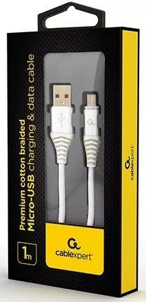 Gembird Premium cotton braided Micro-USB charging and data cable, 1 m, silver/white