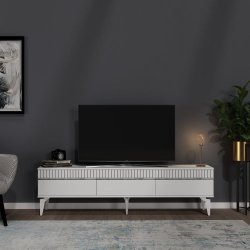 Defne - White, Silver White Silver TV Stand