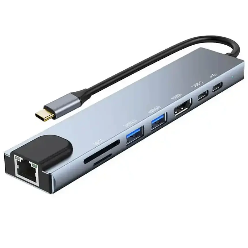 Adapter Tip C 8/1 4K HDMI, USBx2, SD, TF, USB-C, PD, Lan KT-801G Kettz 55-078