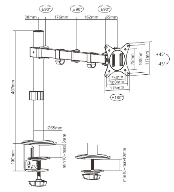 MA-D1-01 Gembird Podesivi stoni drzac za monitor jedna ruka-Produzeni, tilt, 17-32 max.9kg(MA-D1-033