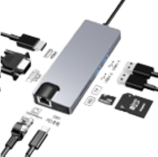 Adapter Stars Solutions USB-C na HDMI/VGA/USB/SD/TF/LAN/PD sivi