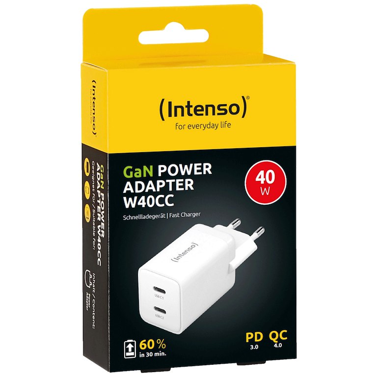 (Intenso) Punjač kućni, brzi, 2 x USB-C, 3A, 40W - Power Adapter W40CC GaN