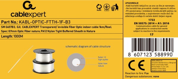 KABL-OPTIC-FTTH-1F-B3 Gembird Opticki kabl 1-vlakno SM G657B3, GJI, transparentni, INDOOR, 1000m