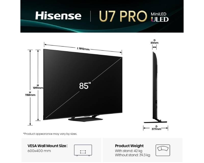 HISENSE 85 inča 85U7Q PRO ULED Mini-LED 4K UHD Smart TV