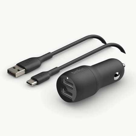 BELKIN Auto punjač 24W crni + kabl USB-A na USB-C 1m CCE001BT1MBK