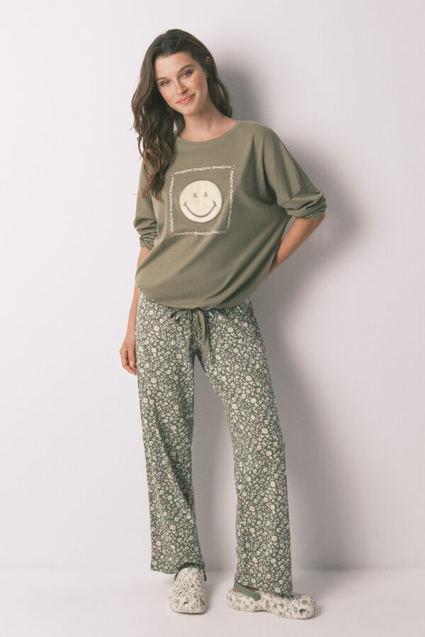 Langer Smiley-Pyjama aus 100 % Baumwolle in langer Pyjama