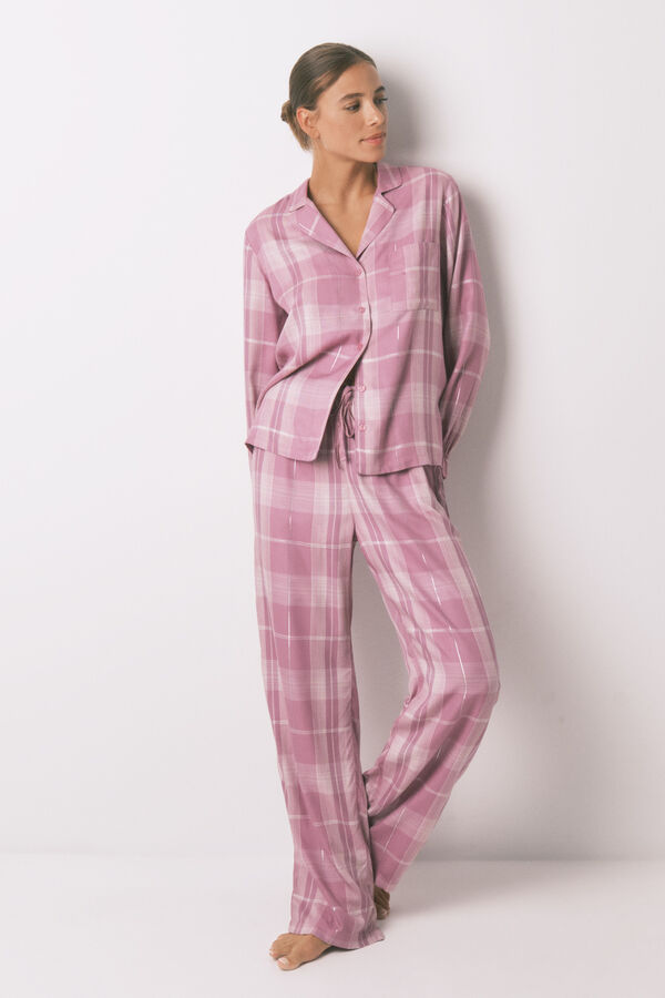 Rosa karierter Longshirt Pyjama im Hemdlook aus Viskose