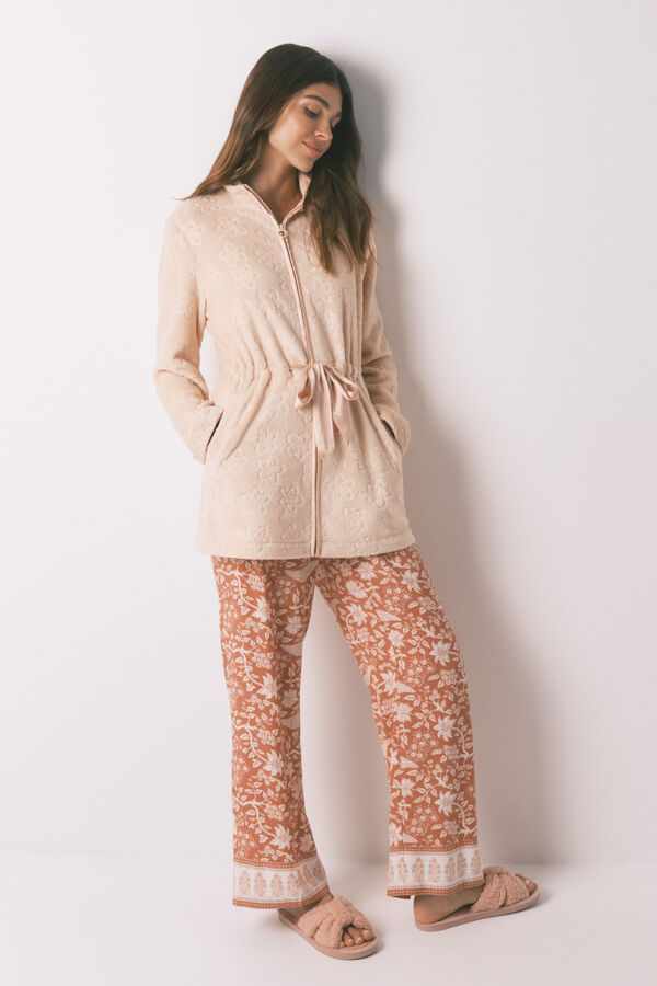 Orangefarbener Midi Morgenmantel aus Fleece mit Blumenmuster