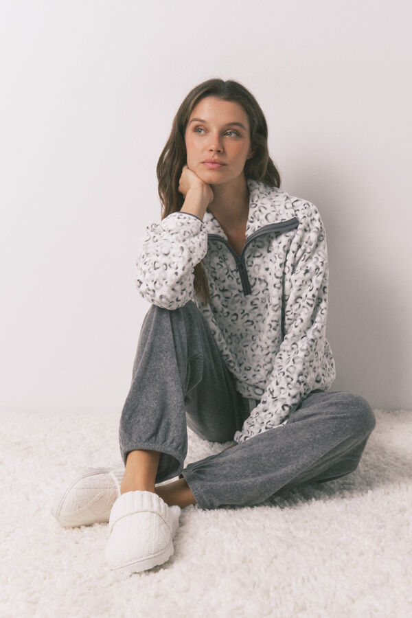 Langer Fleece -Pyjama mit Animal - Print