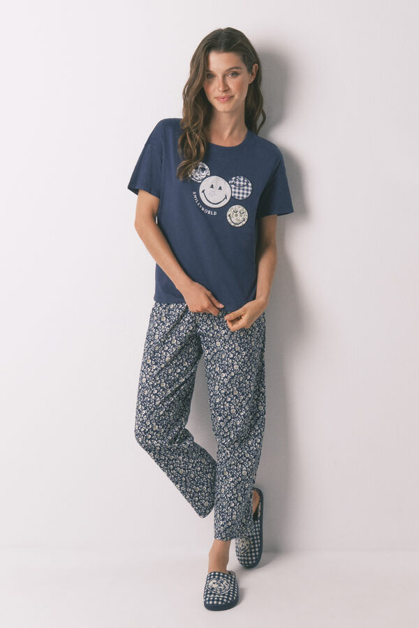 Blauer Smiley Pyjama Capri-Hose aus 100 % Baumwolle